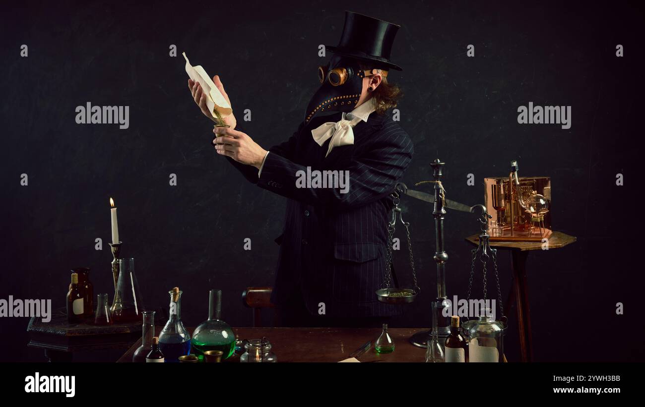 Plague doctor carefully selects ingredients, their antique table laden ...