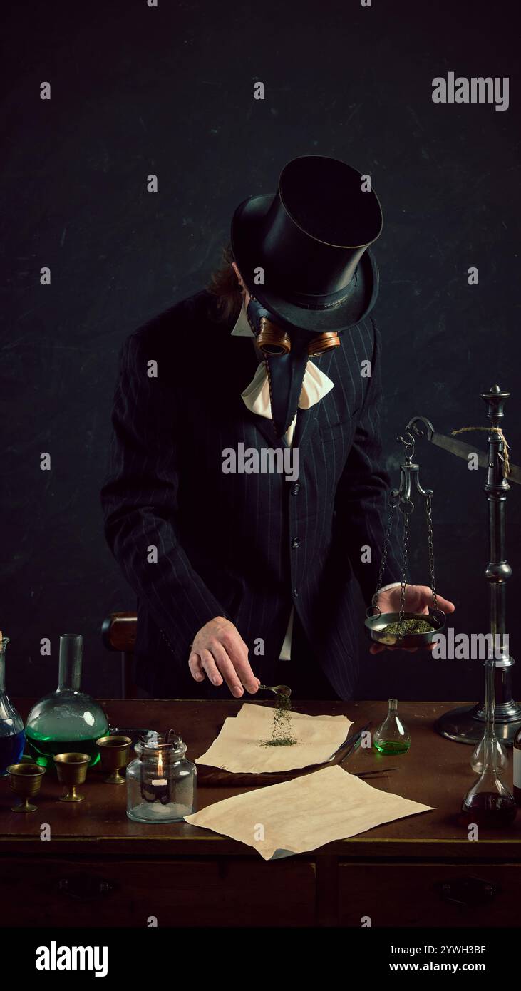 Portrait of meticulous plague doctor in action, carefully weighing ...
