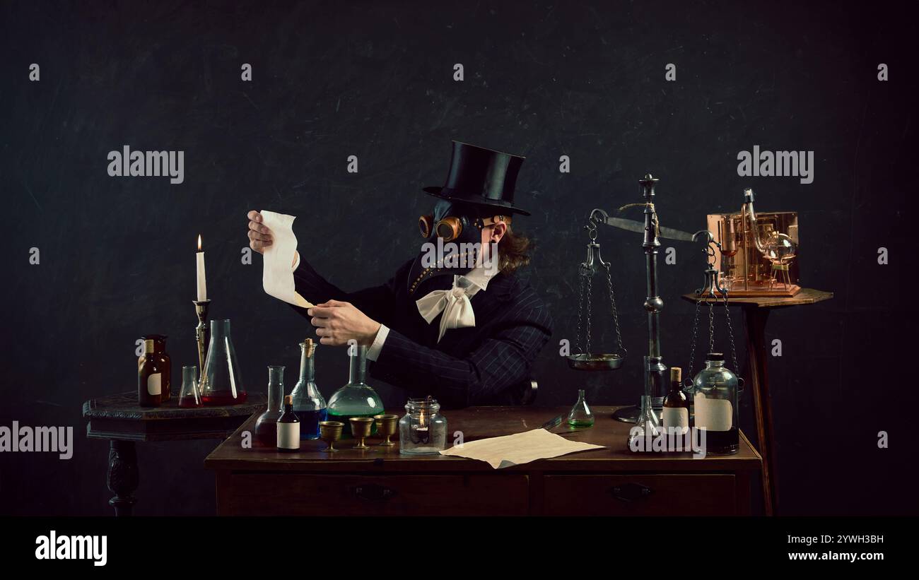 Plague doctor thoughtfully reads recipe, appointment to make ideal ...