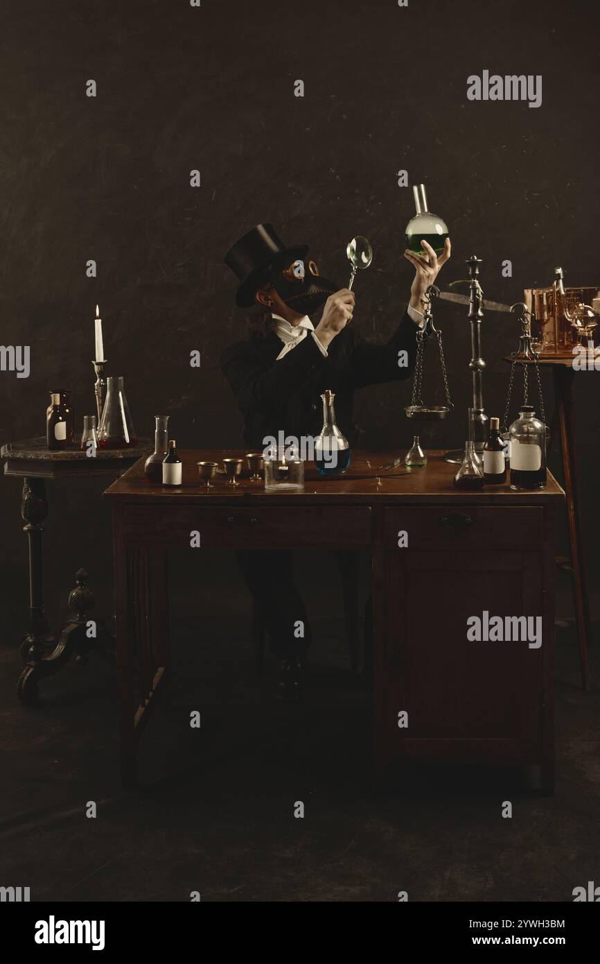 Plague doctor exam green liquid in flask, blending science fiction with ...