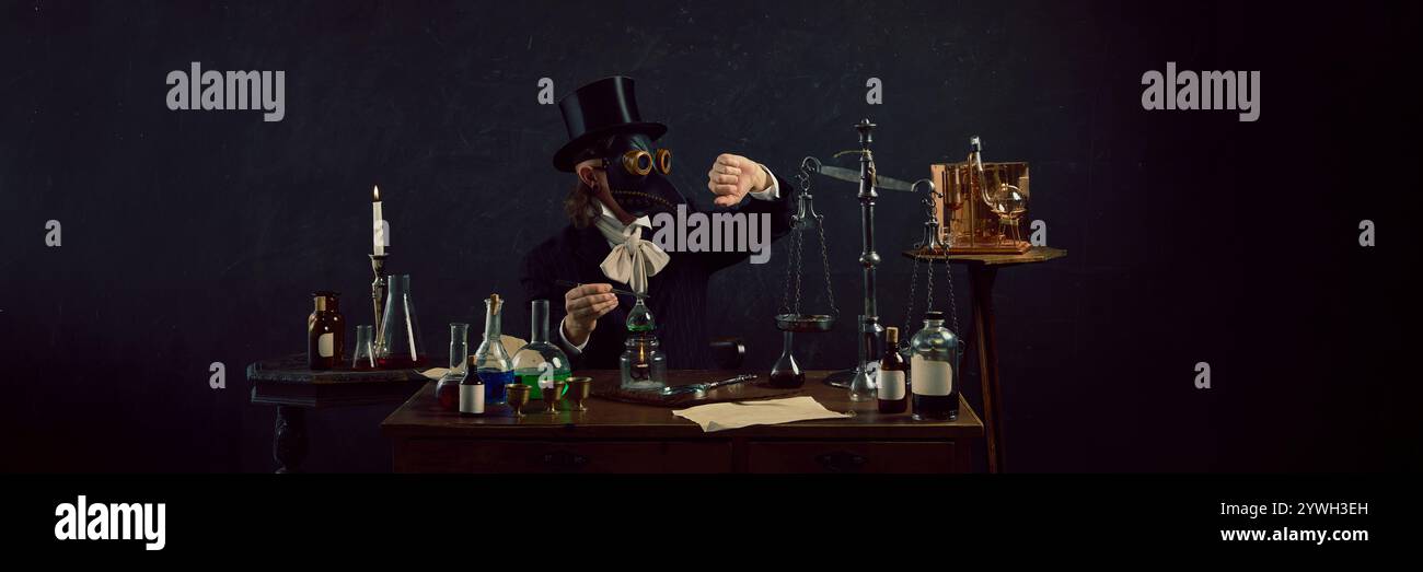 Banner. Man, plague doctor experimenting and keeps track of time in ...