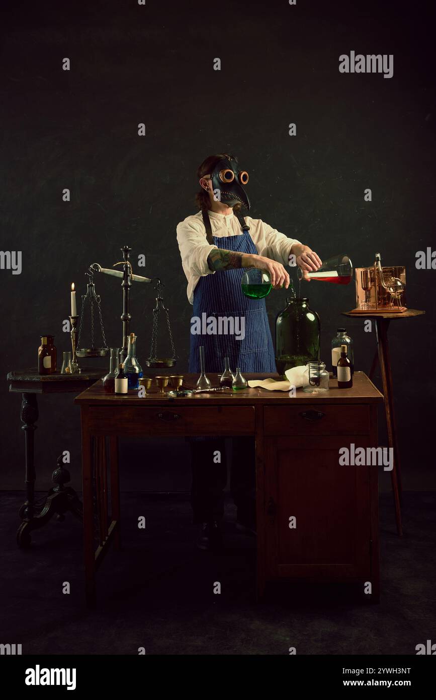 Alchemist pours bright green liquid, evoking distillation or alcohol ...