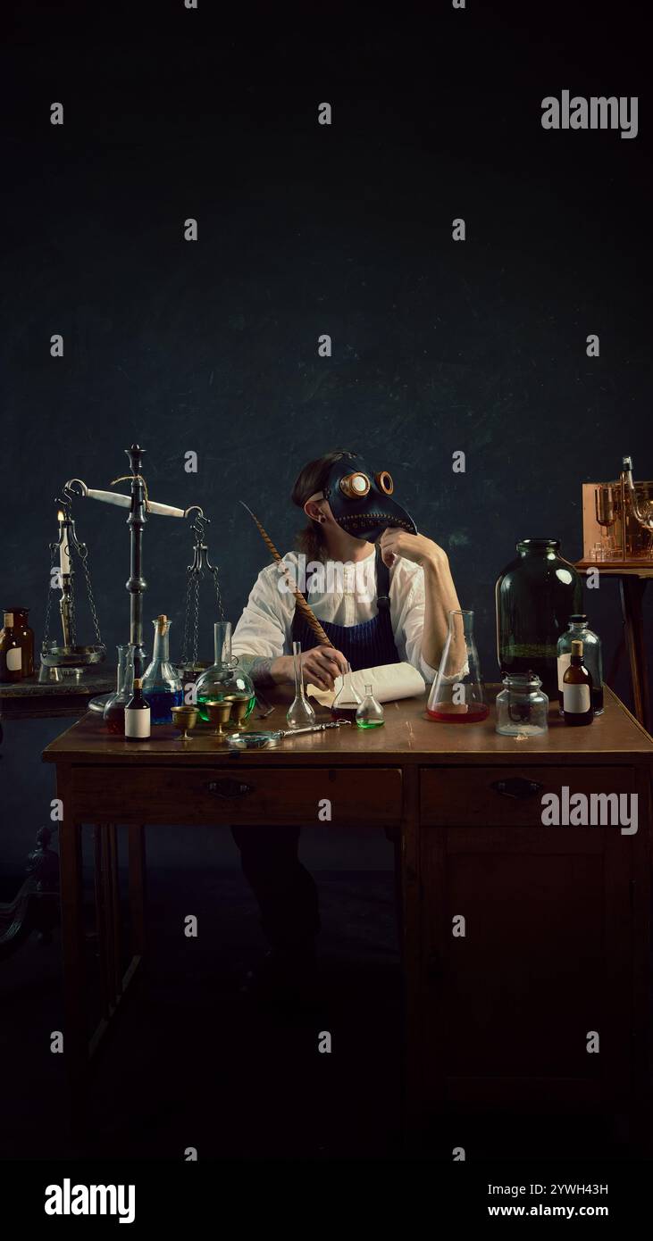 Thoughtful man in plague doctor mask sits amidst vintage lab equipment ...