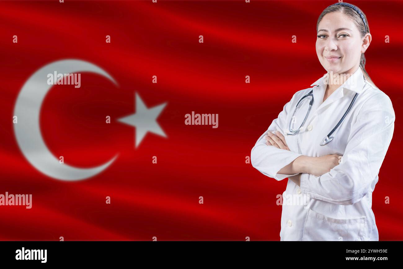 Female doctor on Turkey flag. Doctor with crossed arms on Turkey flag ...