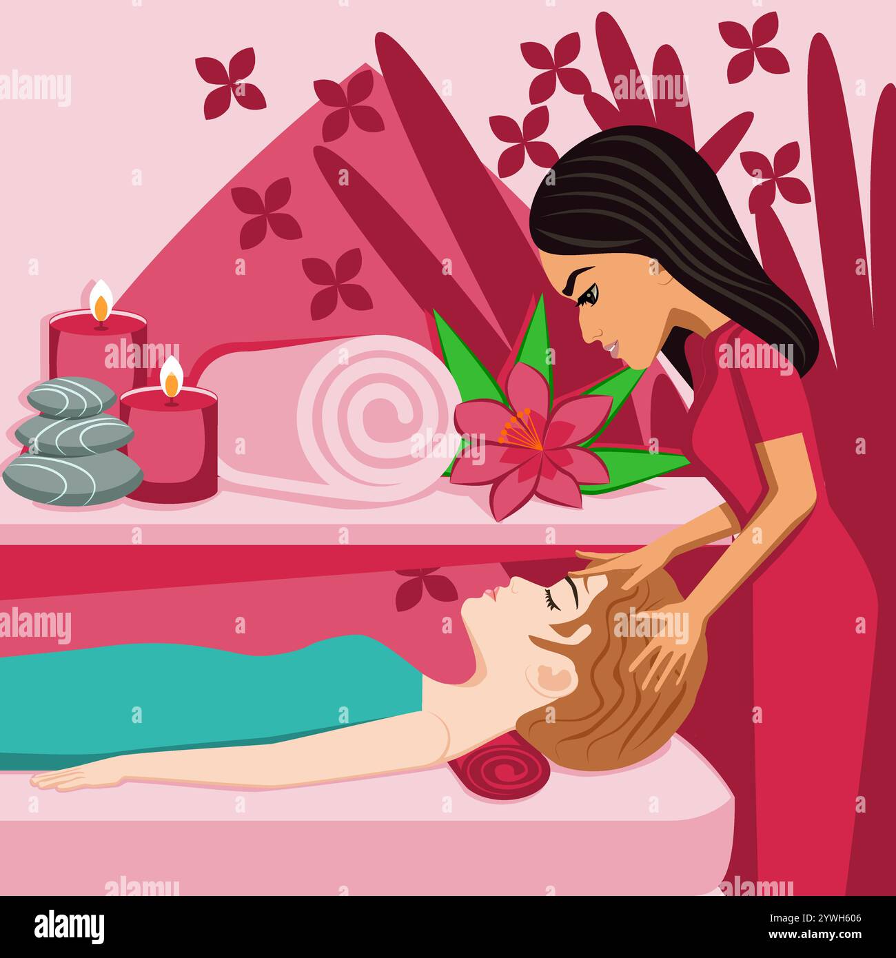 Relaxation massage. Therapy and treatment by professional therapist in SPA. Isolated flat vector ...