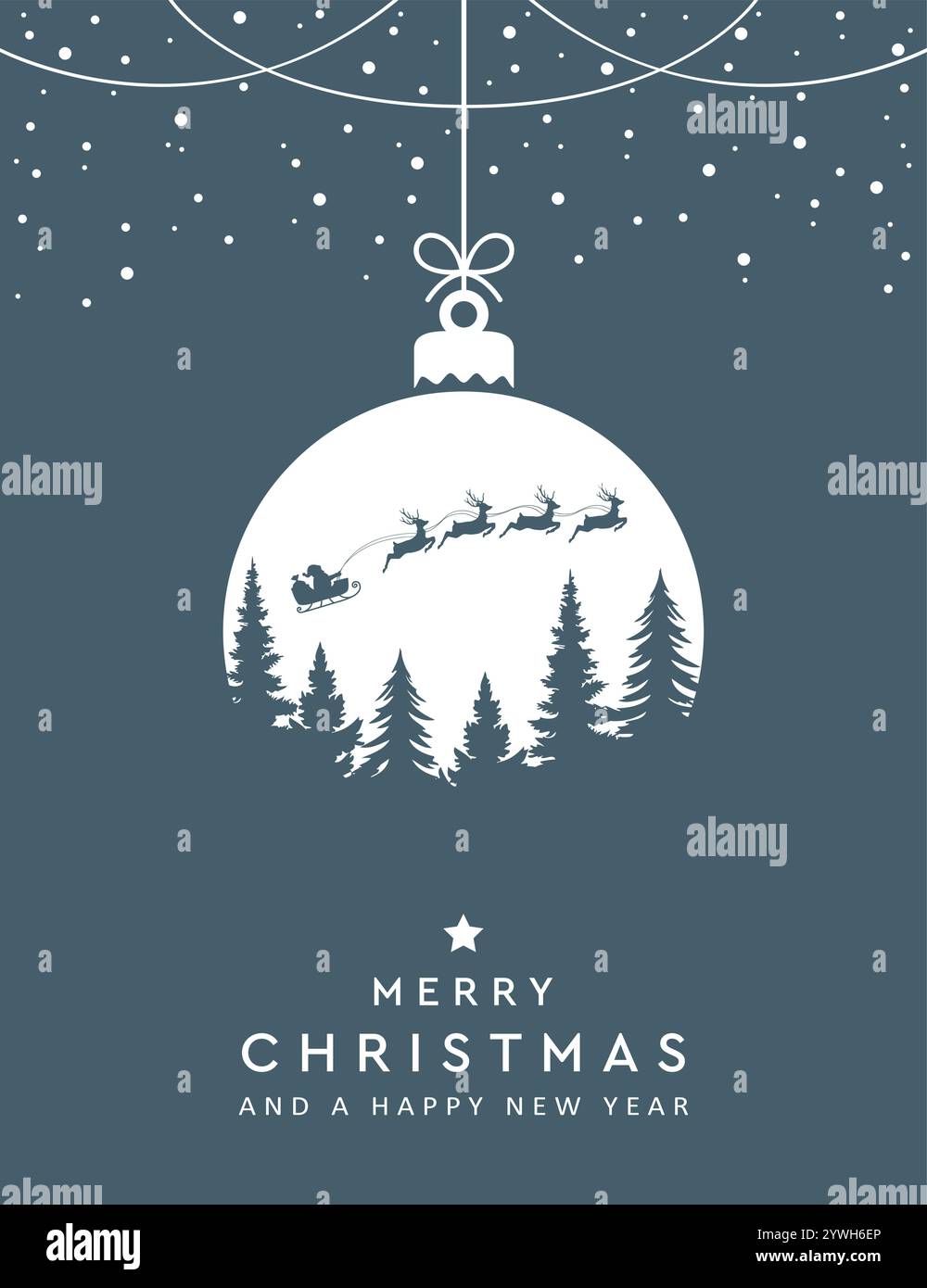 christmas greeting card with hanging ball decoration and flying santa ...