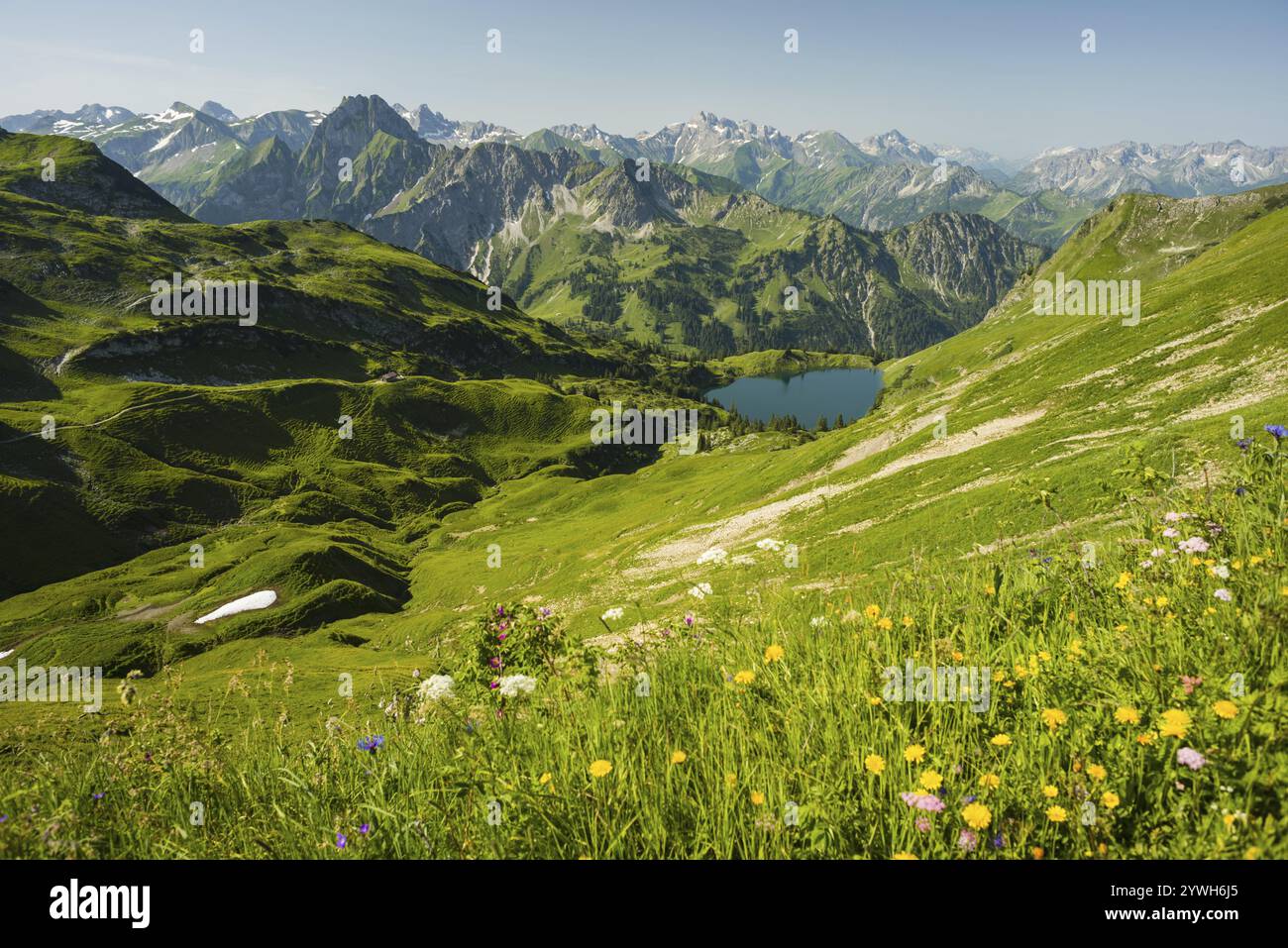 Panorama from Zeigersattel to Seealpsee, on the left behind the Hoefats ...