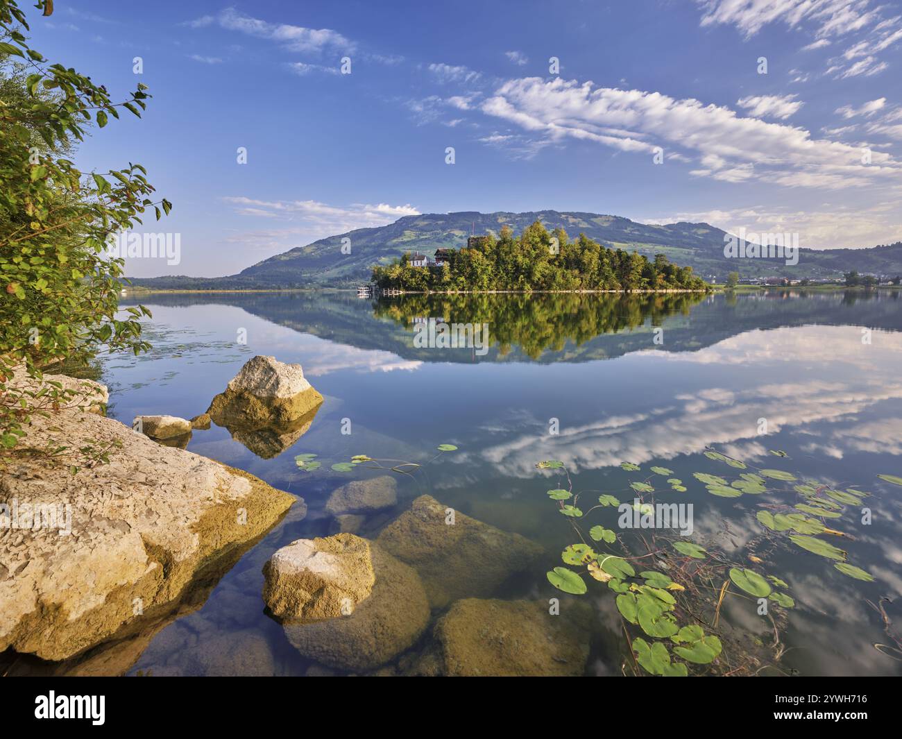 Lake Lauerz with Schwanau Island, Lauerz, Canton Schwyz, Switzerland ...