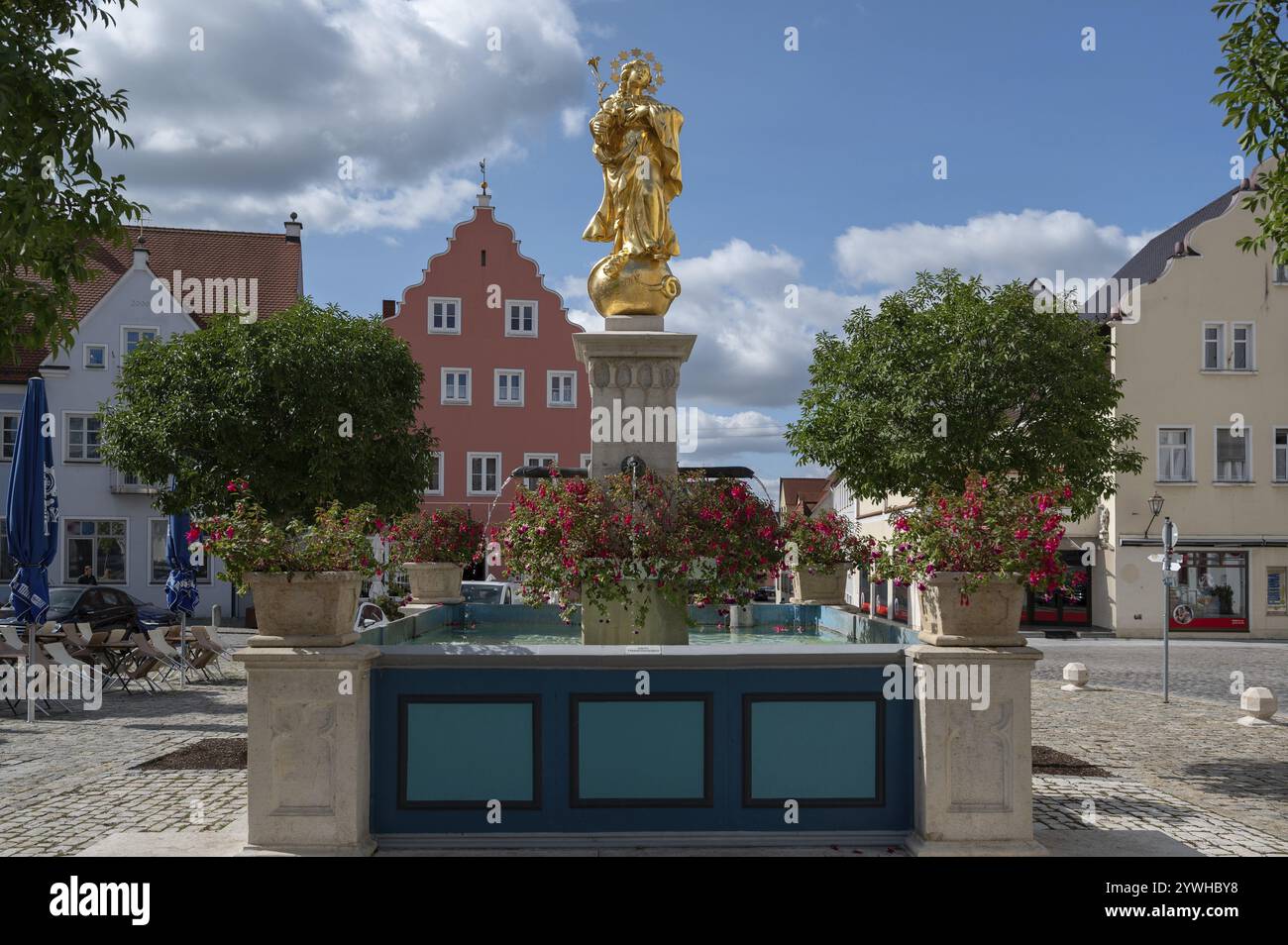 Marian column, with fountain on the market square, Wemding, Swabia ...