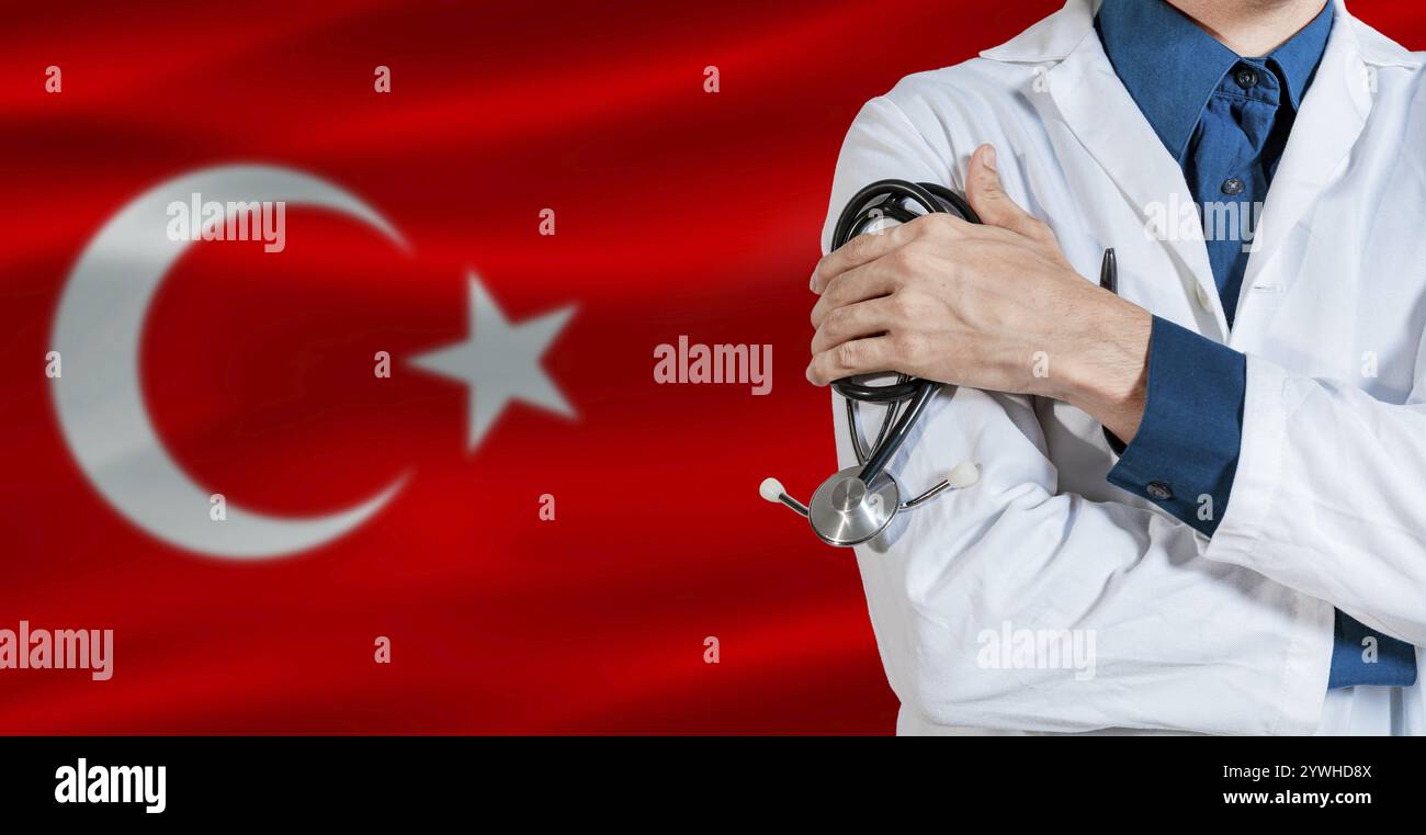Doctor with stethoscope on Turkey flag. Doctor holding stethoscope on ...