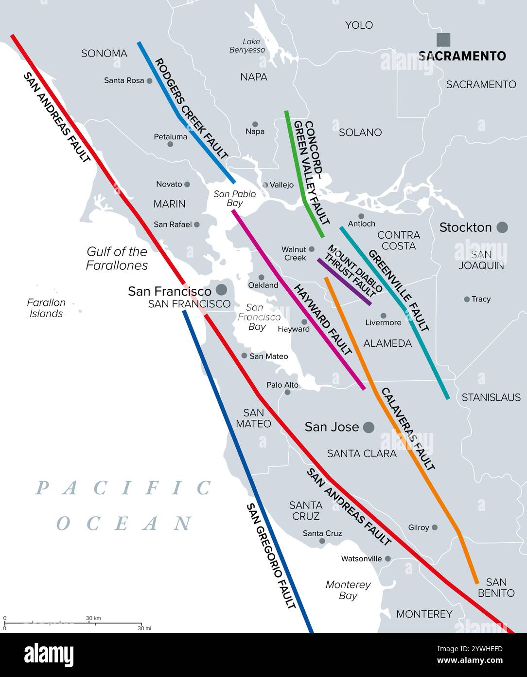 San Francisco Bay Area, major fault lines, gray political map. Bay Area ...