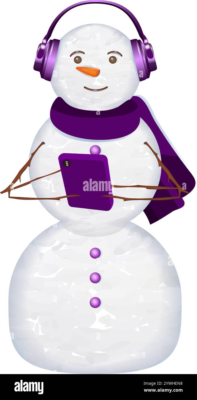 Snowman with headphones, purple scarf and mobile phone. Christmas, New ...