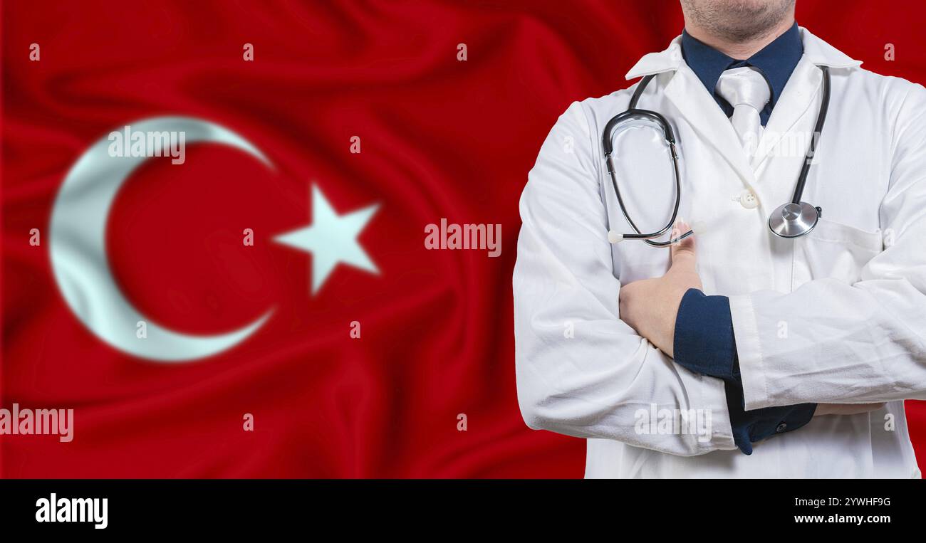 Male doctor with stethoscope on Turkey flag. Doctor holding stethoscope ...
