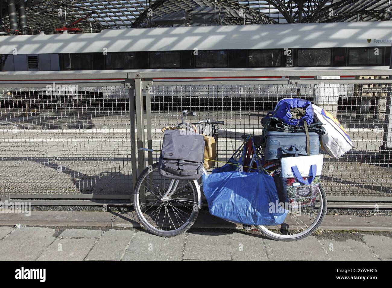Fully loaded bicycle of a homeless man, Cologne, North Rhine-Westphalia ...