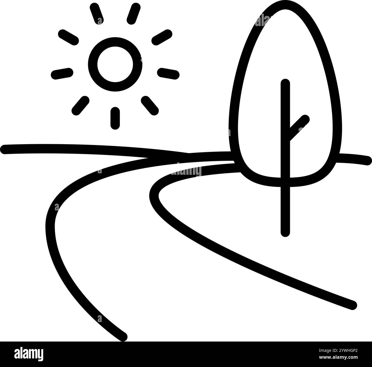 Landscape line icon. Nature scene with field, sun, tree and river ...