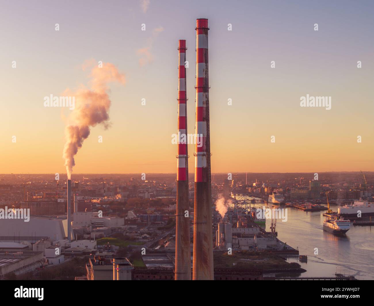 Compressed view of Poolbeg Chimneys looking towards the city with the ...