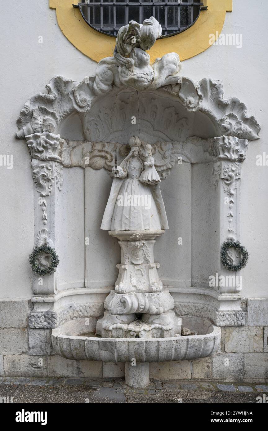 Fountain with the sculpture of the Virgin Mary at the pilgrimage ...