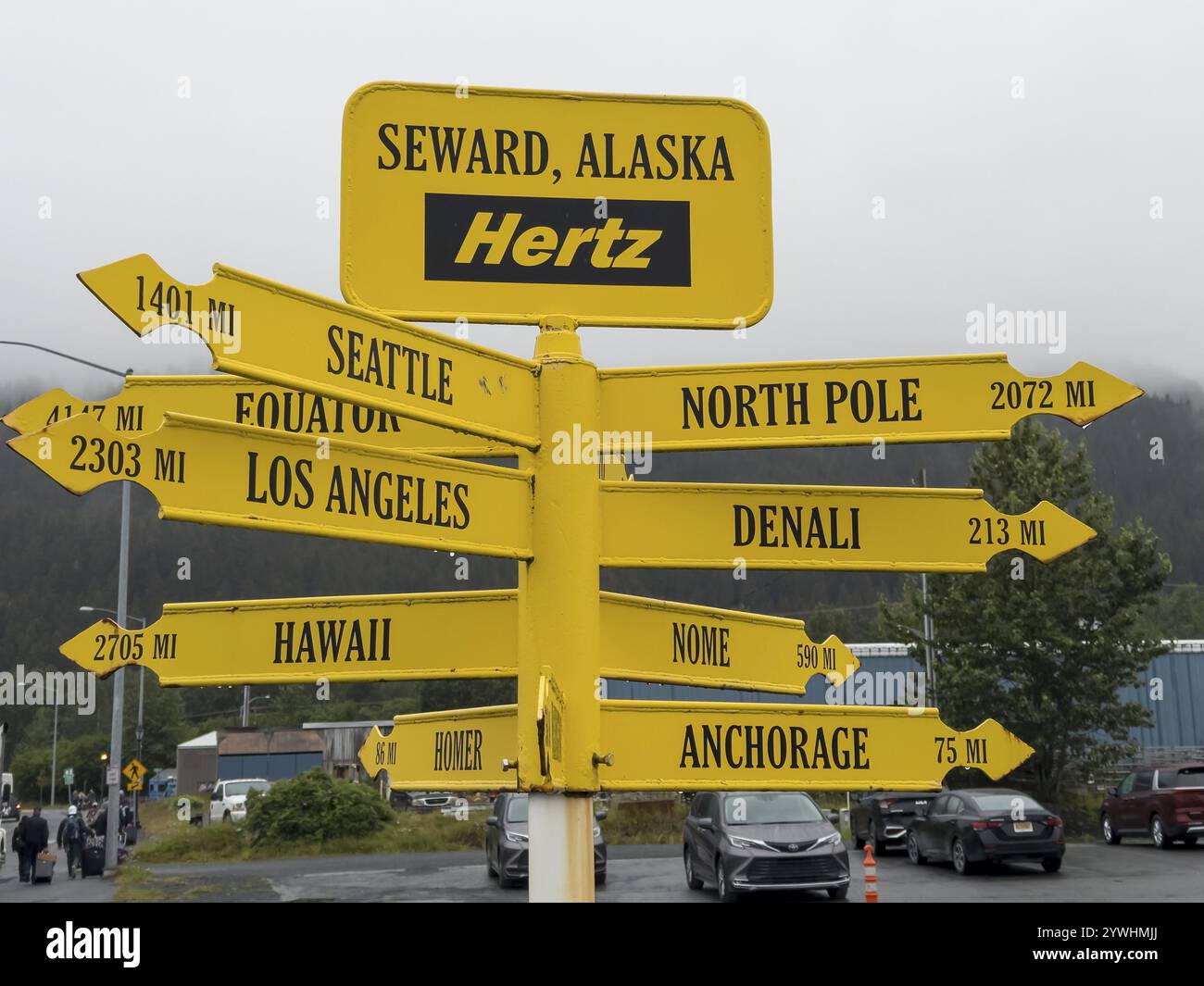 Yellow signpost with several directions and distances pointing to ...