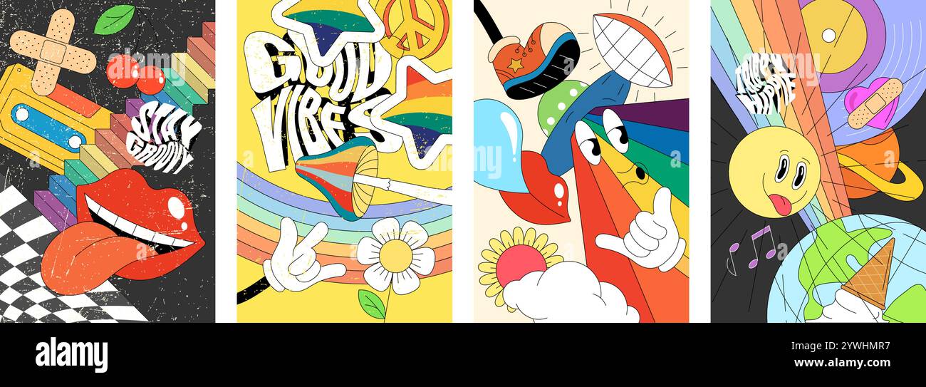 Retro hippie posters with psychedelic wallpapers. Bold, groovy designs ...