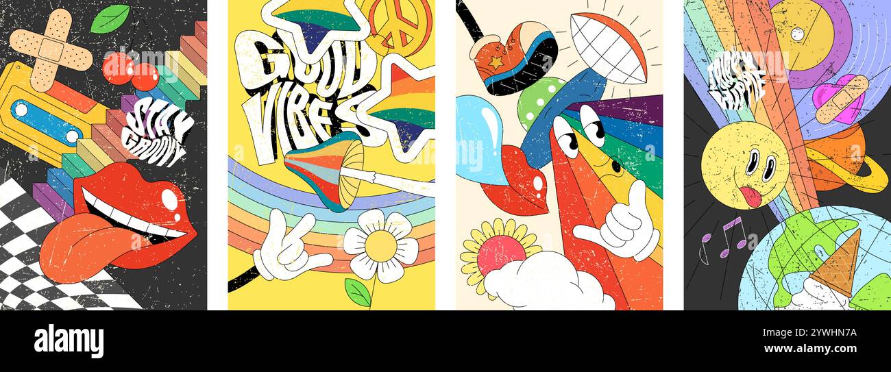 Retro hippie posters with psychedelic wallpapers. Bold, groovy designs ...