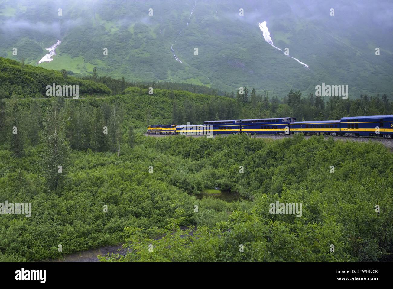 Long train travelling through a densely forested, fog-shrouded mountain ...