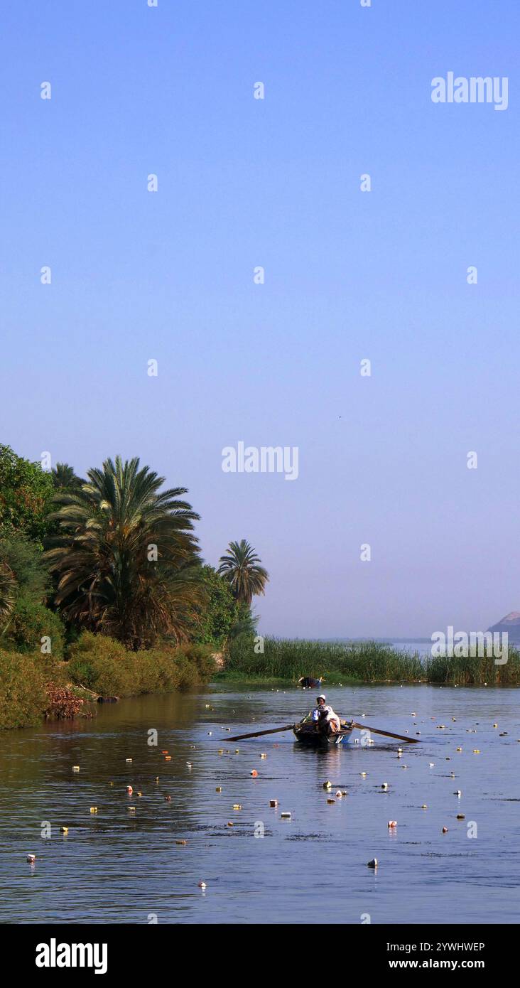 Fisherman in rowing boat on Nile River fishing by riverbank in Egypt ...