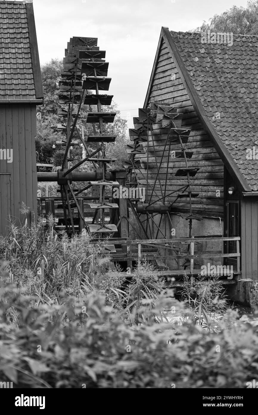 A close-up of the water wheel at De Opwettense Watermolen, a historic ...