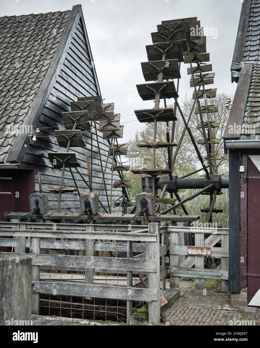 A close-up of the water wheel at De Opwettense Watermolen, a historic ...