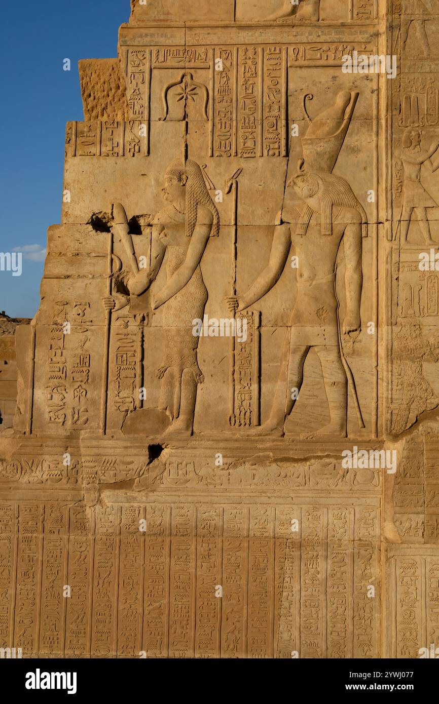 Relief hieroglyphic carvings of the goddess Seshat and Falcon headed ...