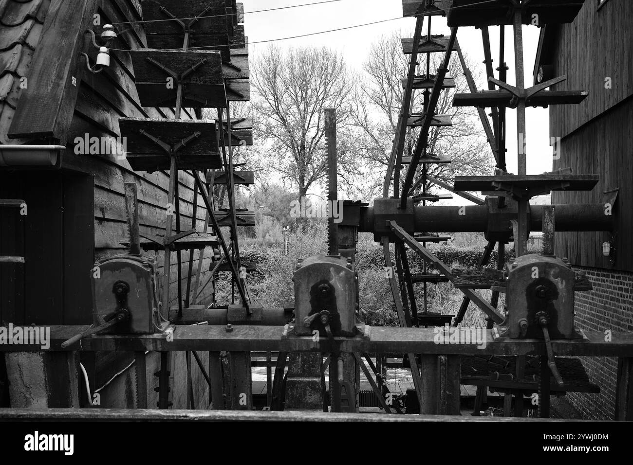 A close-up of the water wheel at De Opwettense Watermolen, a historic ...