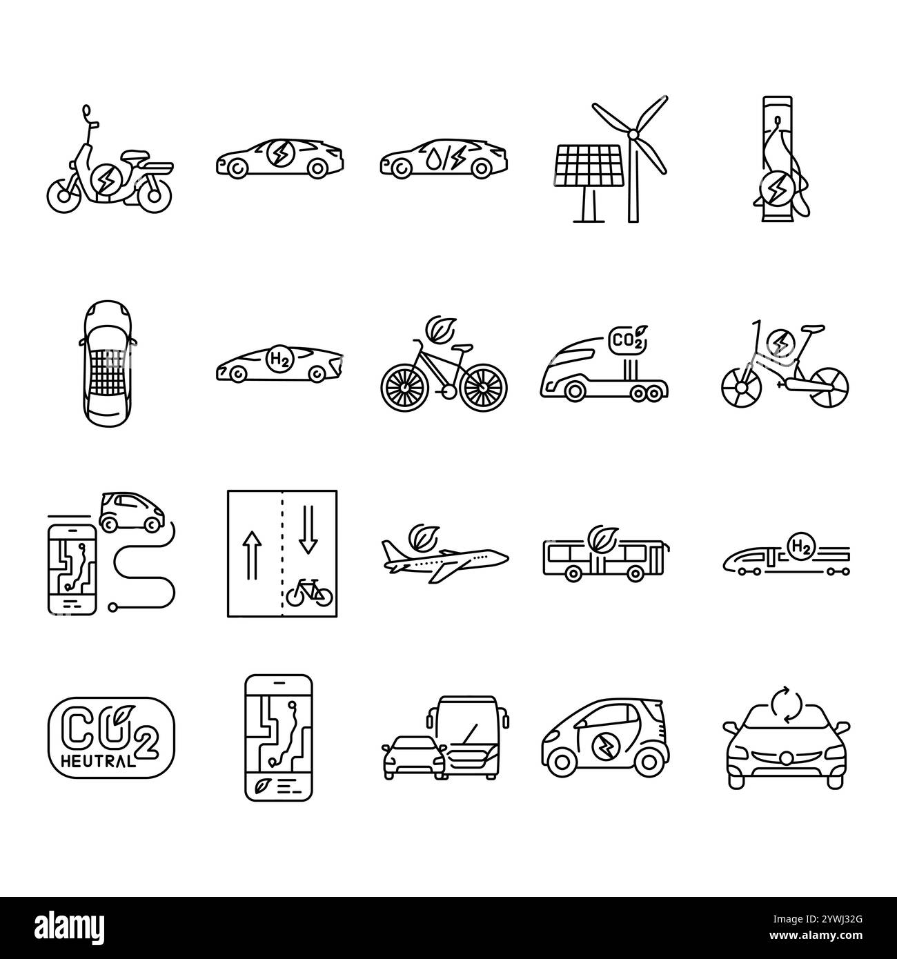 Electric transport black line icons set. Vector isolated element ...