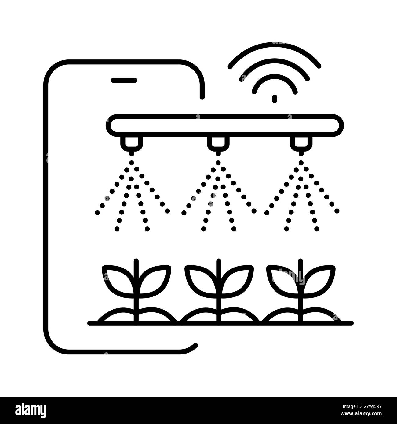 Smart irrigation black line icon. Smart agriculture. Vector isolated element. Editable stroke ...