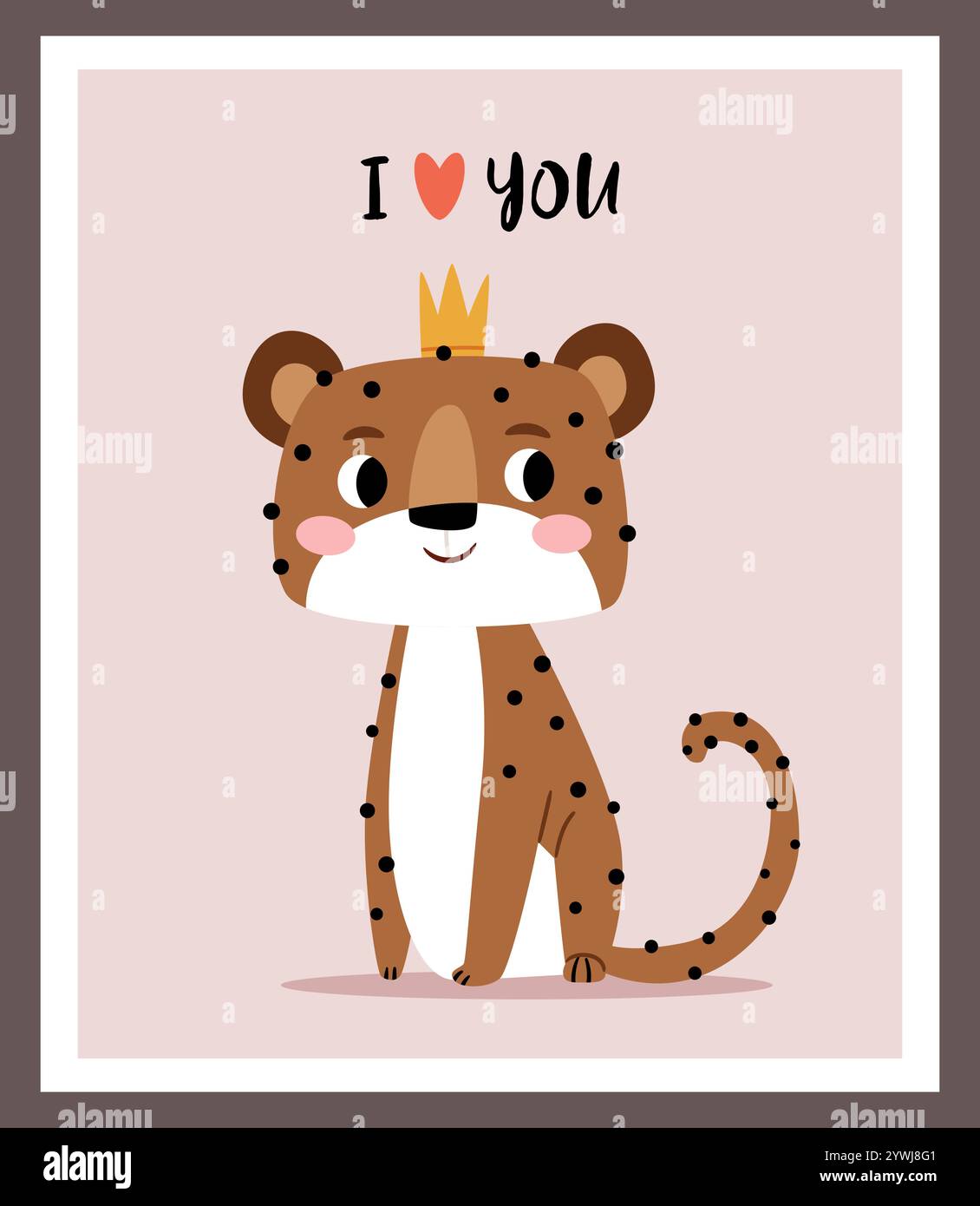 Cute baby leopard in a crown on a pink background.Print design for kids ...