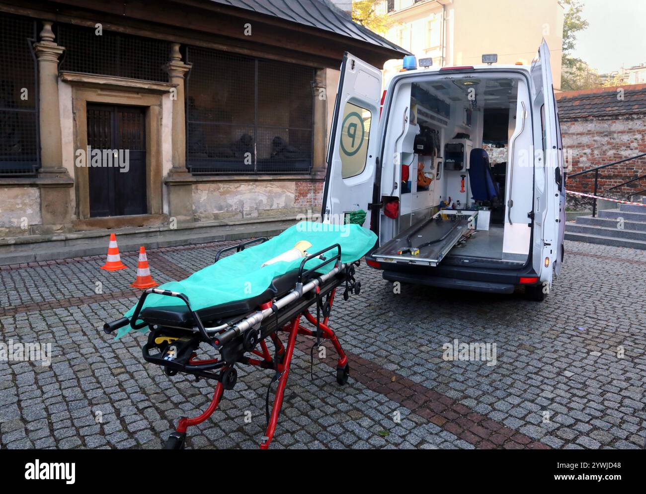 Cracow. Krakow. Poland. Gurney stretcher seen by medical aid ambulance ...