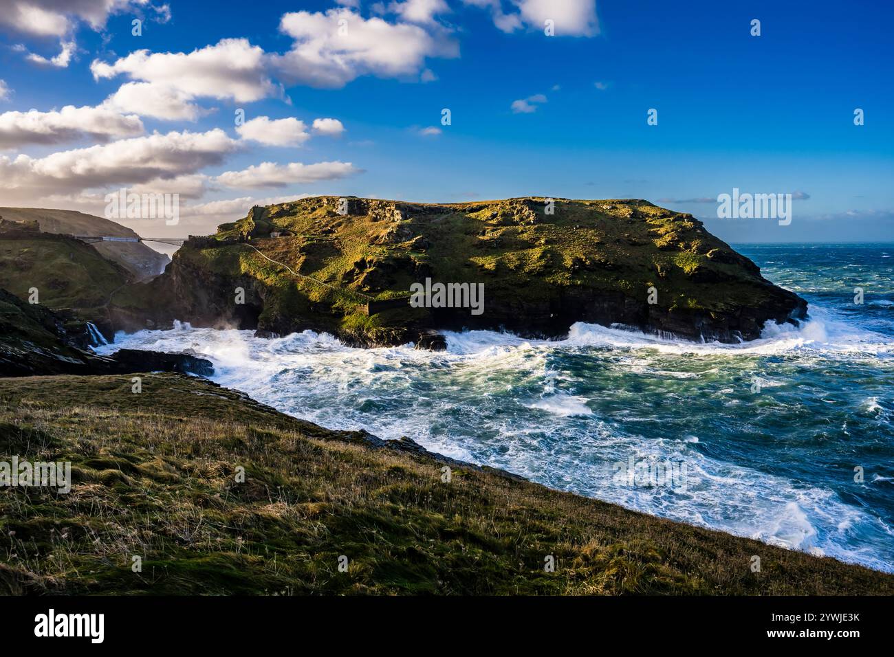 Tintagel Haven from the Barras Nose headland during Storm Darragh ...