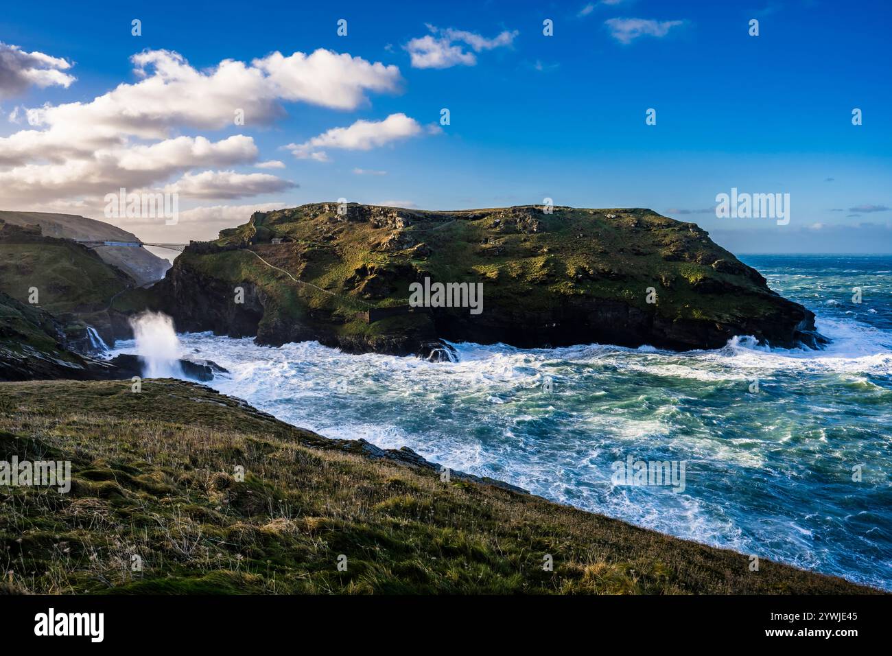 Tintagel Haven and Island from Barras Nose during Storm Darragh ...