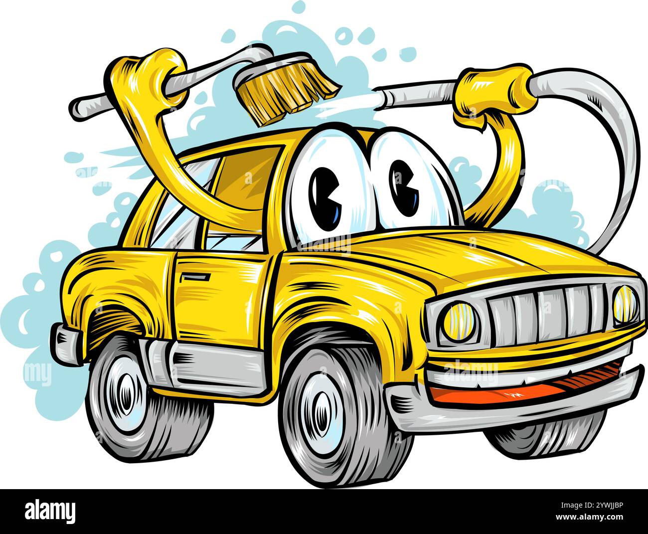 Cartoon Character yellow Car Wash. Vector Hand Drawn Illustration ...