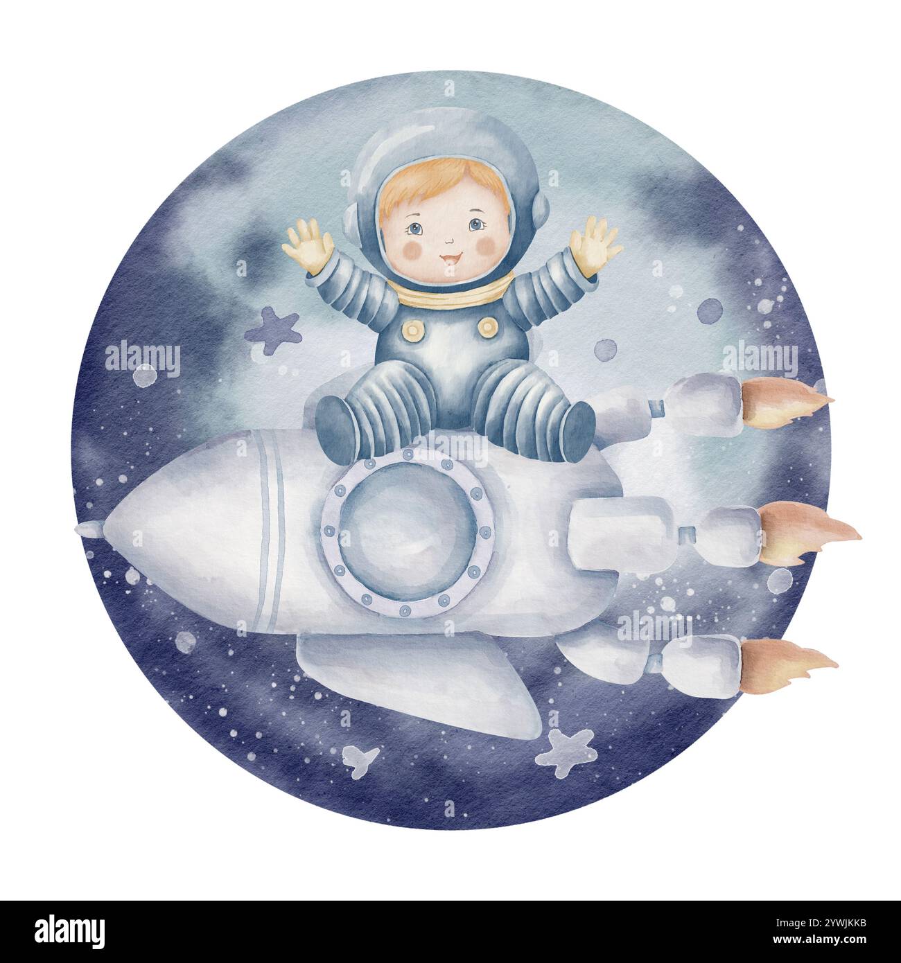 Watercolor illustration of a Baby Cosmonaut sitting on a Spaceship on ...