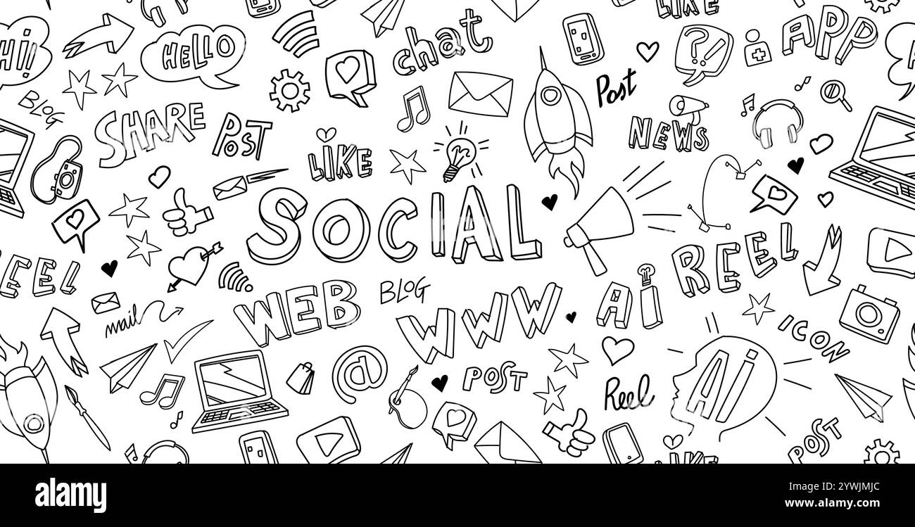 Hand drawn set of web sign and symbol doodles elements. banner ...