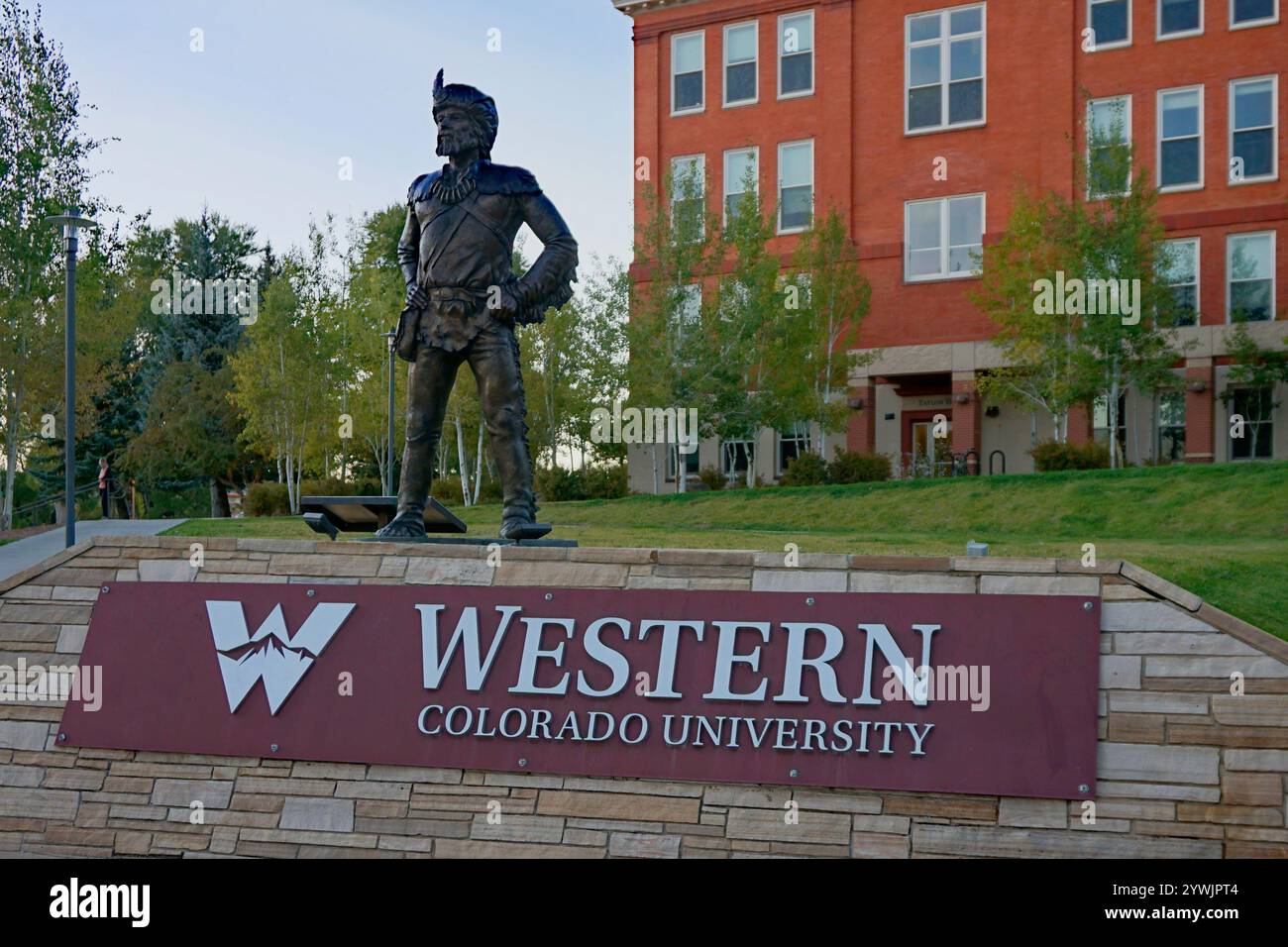 Western Colorado University welcome sign with Mountaineer statue in ...