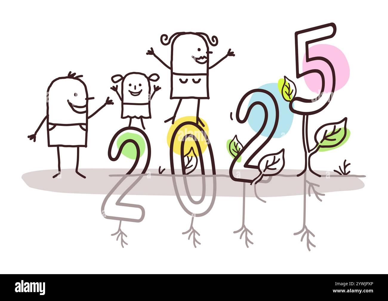 Hand drawn Cartoon Characters and New Year 2025 Celebration - family ...