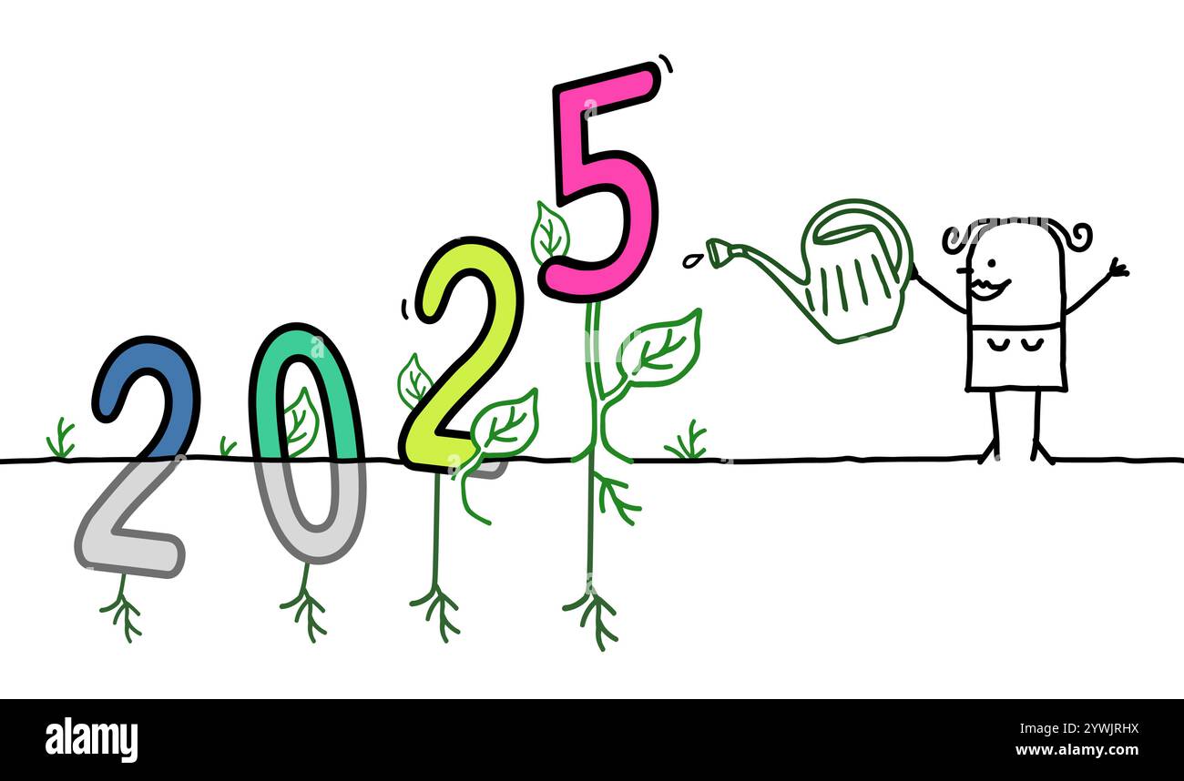 Hand drawn Cartoon Characters and New Year 2025 Celebration -1 Female ...