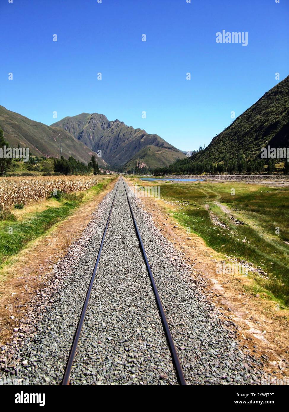View along long straight railway line in theAndean Plateau Altiplano ...