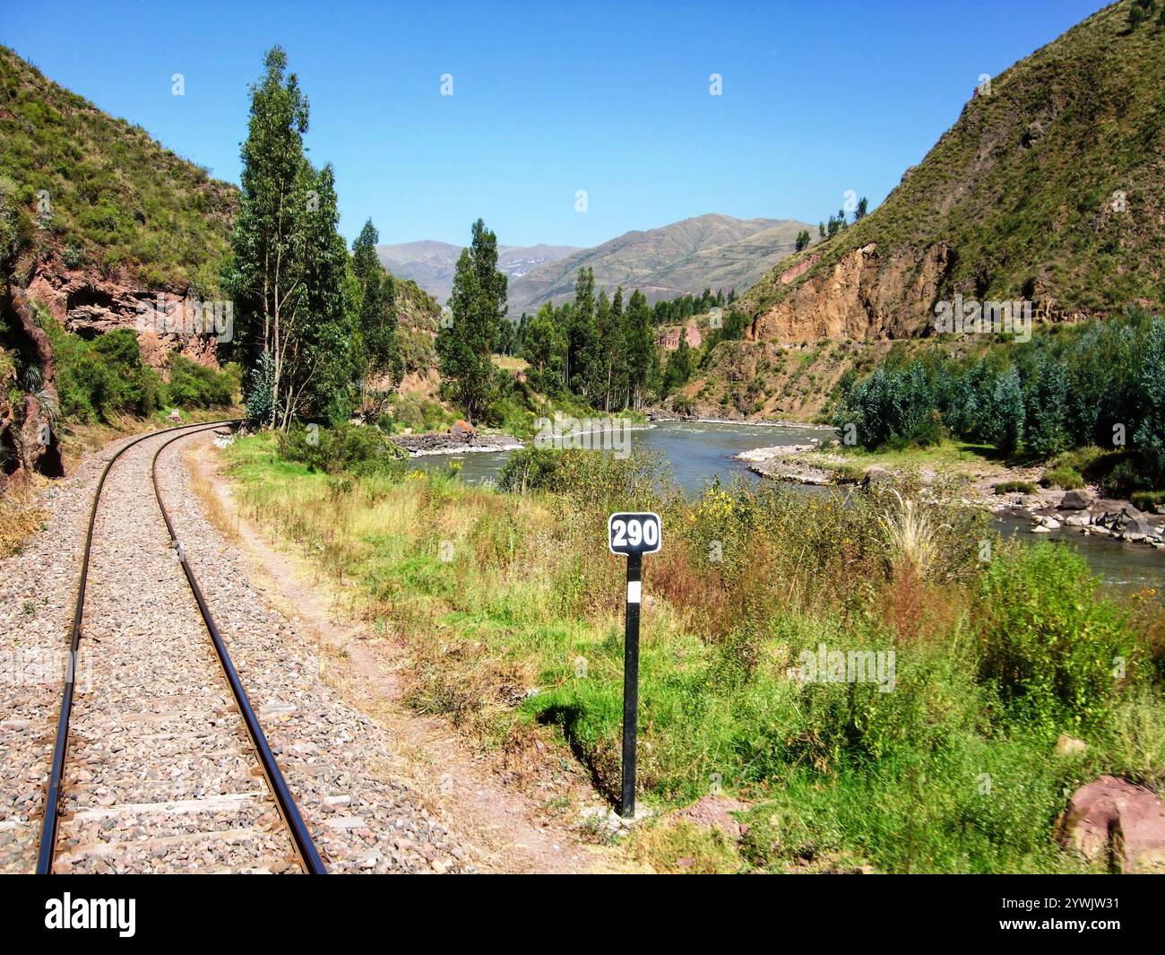 View along railway line next to river in the Altiplano Andean Plateau ...