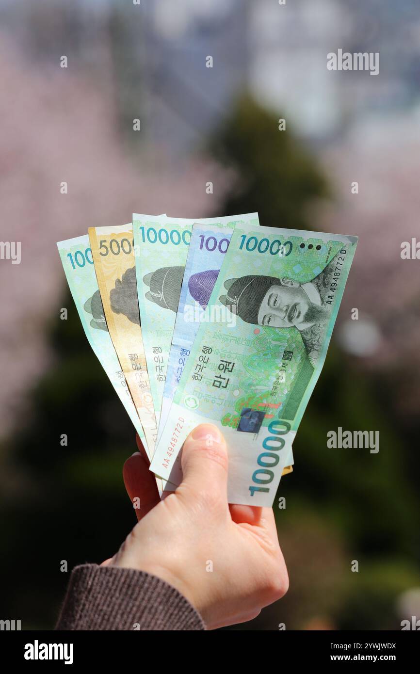 South Korean won. Currency of South Korea - hand holding used banknotes ...