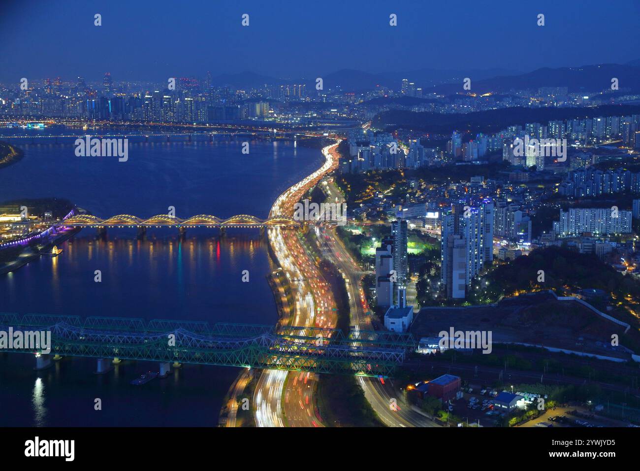 Seoul cityscape in South Korea. Aerial view of night skyline in Dongjak ...