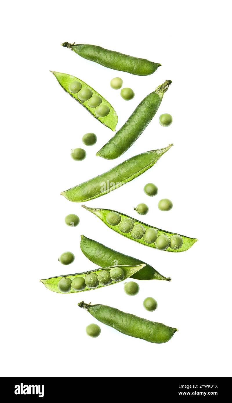 Fly green peas pods on white backgrounds Stock Photo - Alamy