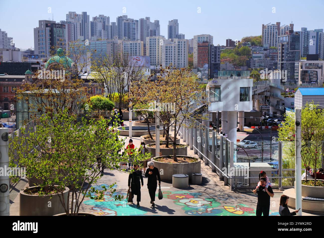 SEOUL, SOUTH KOREA - APRIL 8, 2023: People walk the Seoullo 7017 Skygarden in Seoul. The former ...