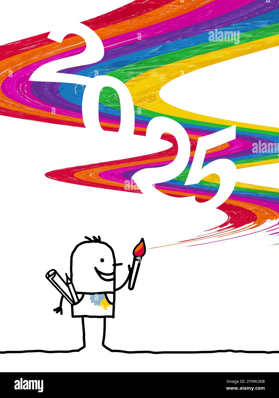 hand drawn Cartoon Artist Painting a Colorful Wave with 2025 white Sign ...