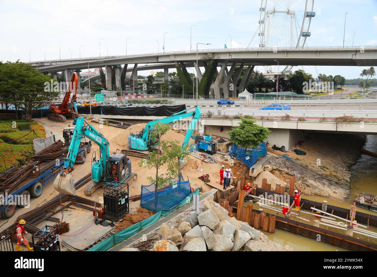SINGAPORE CITY, SINGAPORE - MARCH 11, 2024: Construction workers on site of construction of NS ...
